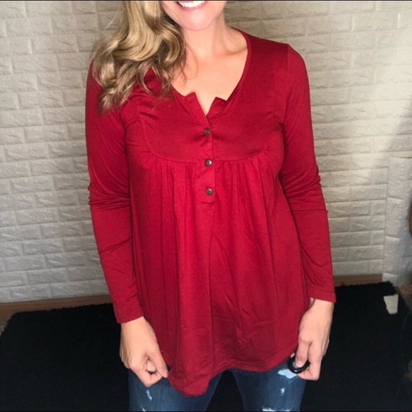 Tops | Deep Red Blouse With Brown Buttons And Flare Body | Poshmark